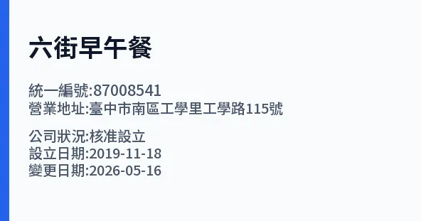 六街早午餐的照片-統編 87008541(臺中市) 公司登記資料與營業項目詳細圖表