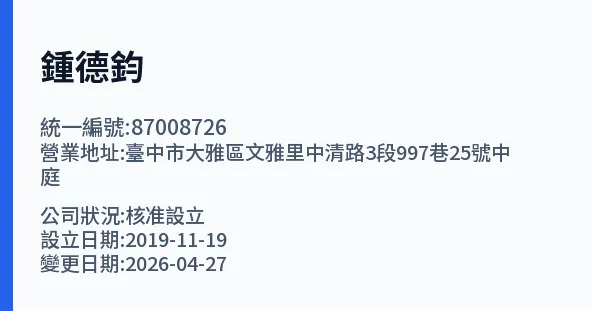 鍾德鈞的照片-統編 87008726(臺中市) 公司登記資料與營業項目詳細圖表
