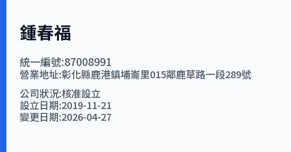 鍾春福的照片-統編 87008991(彰化縣) 公司登記資料與營業項目詳細圖表