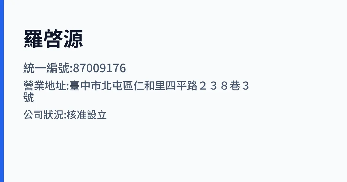 羅啓源 - 統編 87009176(臺中市) 公司登記資料與營業項目詳細圖表