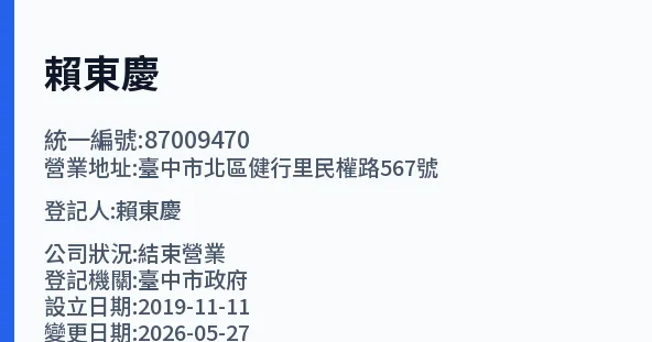 賴東慶的照片-統編 87009470(臺中市) 公司登記資料與營業項目詳細圖表