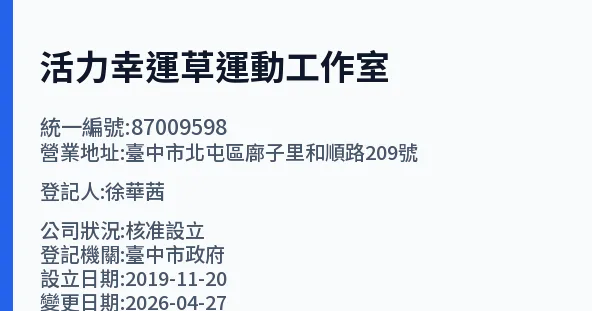 活力幸運草運動工作室的照片-統編 87009598(臺中市) 公司登記資料與營業項目詳細圖表