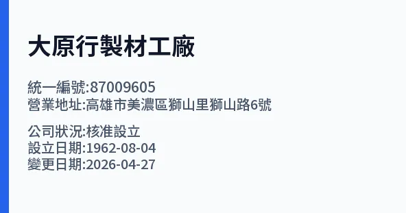 大原行製材工廠的照片-統編 87009605(高雄市) 公司登記資料與營業項目詳細圖表