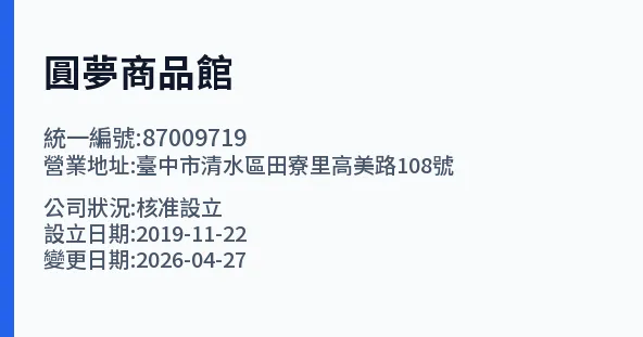 圓夢商品館的照片-統編 87009719(臺中市) 公司登記資料與營業項目詳細圖表