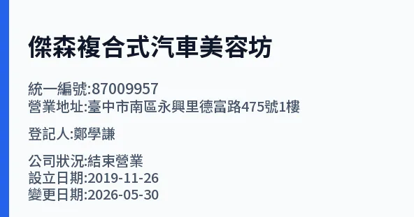 傑森複合式汽車美容坊的照片-統編 87009957(臺中市) 公司登記資料與營業項目詳細圖表