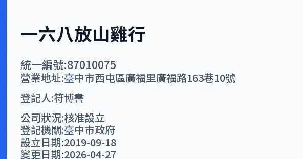 一六八放山雞行的照片-統編 87010075(臺中市) 公司登記資料與營業項目詳細圖表