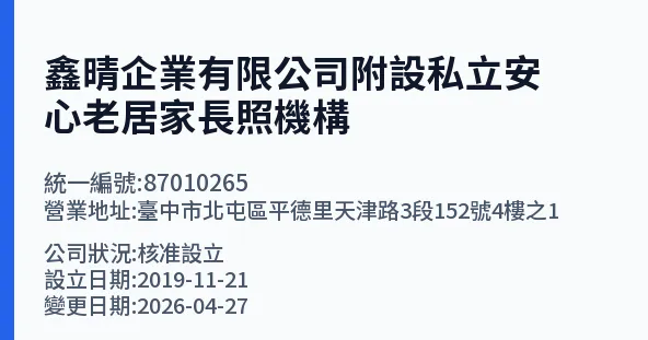 鑫晴企業有限公司附設私立安心老居家長照機構的照片-統編 87010265(臺中市) 公司登記資料與營業項目詳細圖表