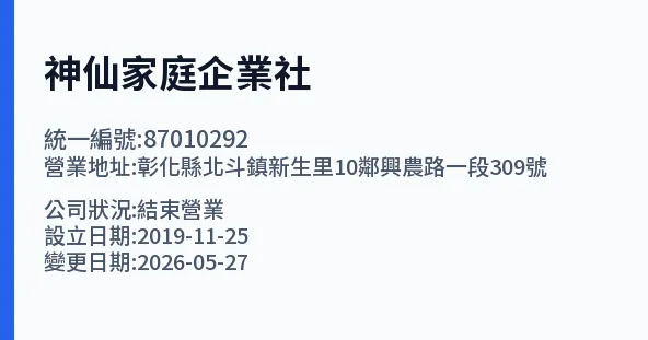 神仙家庭企業社的照片-統編 87010292(彰化縣) 公司登記資料與營業項目詳細圖表