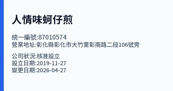 人情味蚵仔煎的照片-統編 87010574(彰化縣) 公司登記資料與營業項目詳細圖表