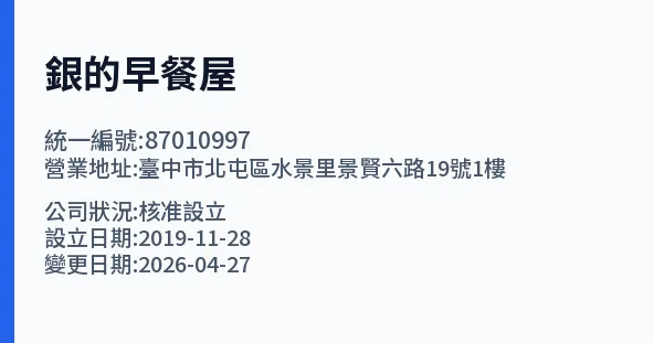 銀的早餐屋的照片-統編 87010997(臺中市) 公司登記資料與營業項目詳細圖表