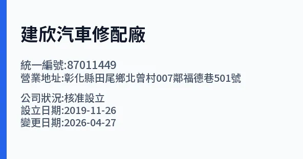 建欣汽車修配廠的照片-統編 87011449(彰化縣) 公司登記資料與營業項目詳細圖表
