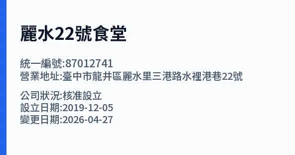 麗水22號食堂的照片-統編 87012741(臺中市) 公司登記資料與營業項目詳細圖表