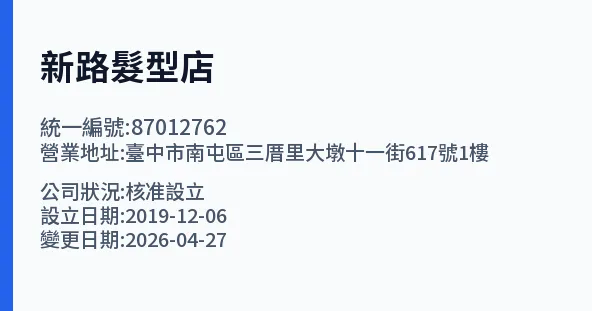 新路髮型店的照片-統編 87012762(臺中市) 公司登記資料與營業項目詳細圖表