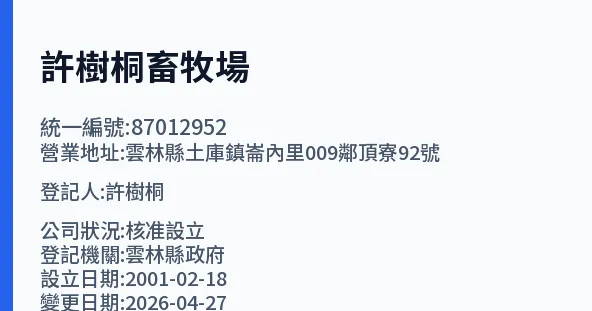 許樹桐畜牧場的照片-統編 87012952(雲林縣) 公司登記資料與營業項目詳細圖表