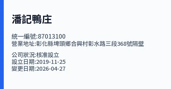 潘記鴨庄的照片-統編 87013100(彰化縣) 公司登記資料與營業項目詳細圖表