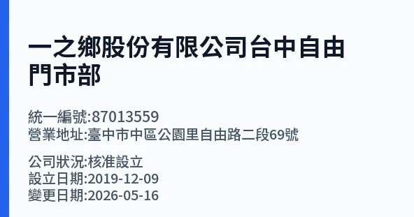 一之鄉股份有限公司台中自由門市部的照片-統編 87013559(臺中市) 公司登記資料與營業項目詳細圖表