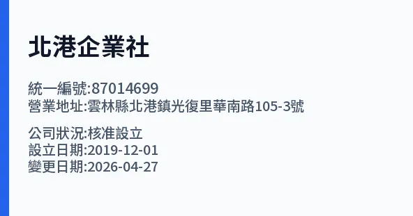北港企業社的照片-統編 87014699(雲林縣) 公司登記資料與營業項目詳細圖表