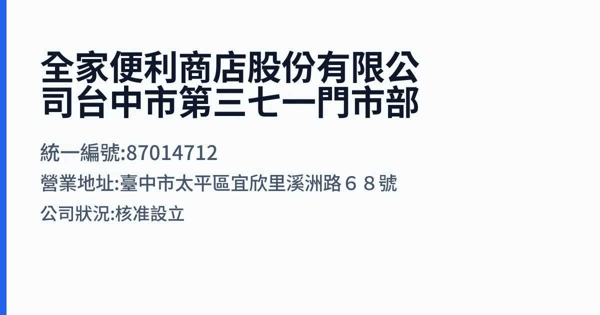 全家便利商店股份有限公司台中市第三七一門市部 - 統編 87014712(臺中市) 公司登記資料與營業項目詳細圖表