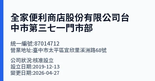 全家便利商店股份有限公司台中市第三七一門市部的照片-統編 87014712(臺中市) 公司登記資料與營業項目詳細圖表
