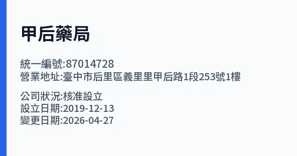 甲后藥局的照片-統編 87014728(臺中市) 公司登記資料與營業項目詳細圖表