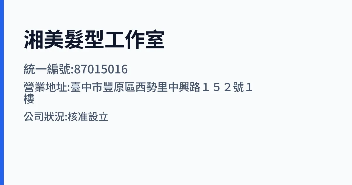 湘美髮型工作室 - 統編 87015016(臺中市) 公司登記資料與營業項目詳細圖表