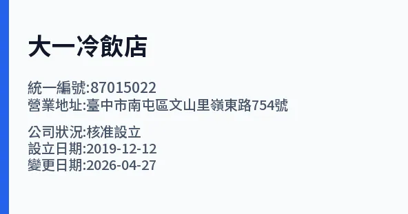 大一冷飲店的照片-統編 87015022(臺中市) 公司登記資料與營業項目詳細圖表