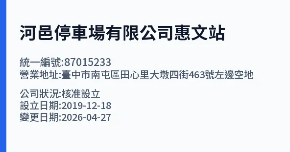 河邑停車場有限公司惠文站的照片-統編 87015233(臺中市) 公司登記資料與營業項目詳細圖表