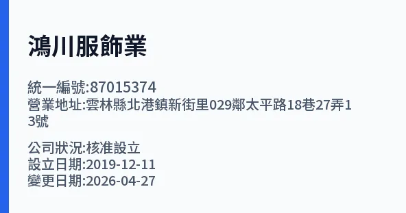 鴻川服飾業的照片-統編 87015374(雲林縣) 公司登記資料與營業項目詳細圖表