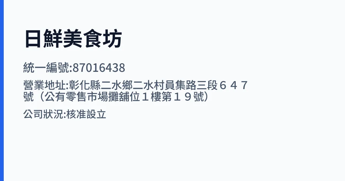 日鮮美食坊 - 統編 87016438(彰化縣) 公司登記資料與營業項目詳細圖表