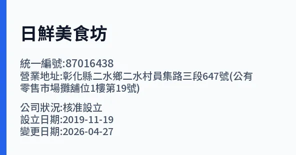 日鮮美食坊的照片-統編 87016438(彰化縣) 公司登記資料與營業項目詳細圖表