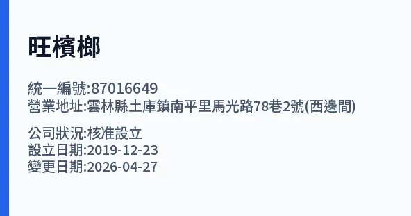 旺檳榔的照片-統編 87016649(雲林縣) 公司登記資料與營業項目詳細圖表