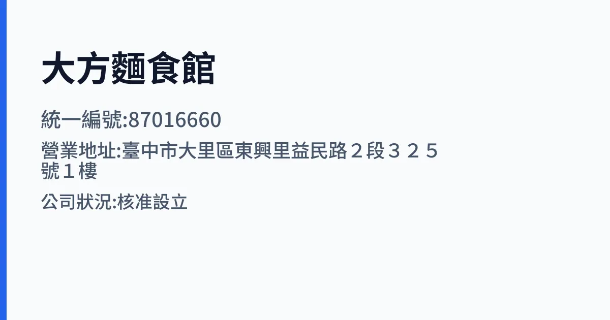 大方麵食館 - 統編 87016660(臺中市) 公司登記資料與營業項目詳細圖表