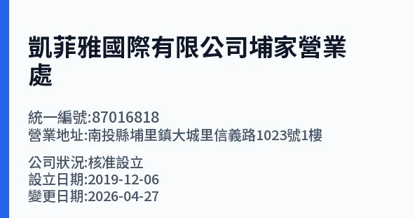 凱菲雅國際有限公司埔家營業處的照片-統編 87016818(南投縣) 公司登記資料與營業項目詳細圖表