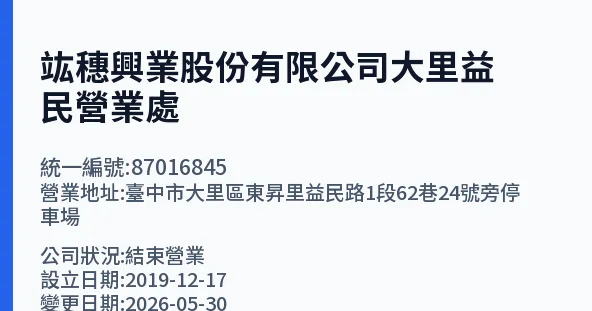 竑穗興業股份有限公司大里益民營業處的照片-統編 87016845(臺中市) 公司登記資料與營業項目詳細圖表