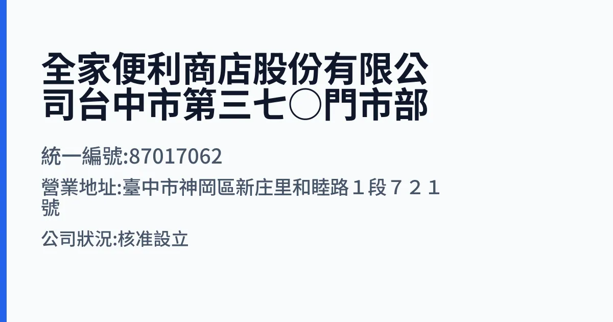 全家便利商店股份有限公司台中市第三七○門市部 - 統編 87017062(臺中市) 公司登記資料與營業項目詳細圖表