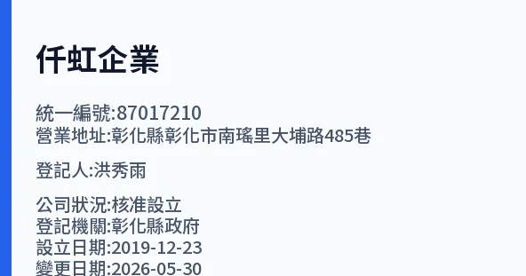 仟虹企業的照片-統編 87017210(彰化縣) 公司登記資料與營業項目詳細圖表