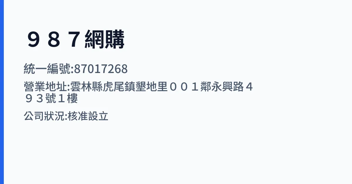 ９８７網購 - 統編 87017268(雲林縣) 公司登記資料與營業項目詳細圖表