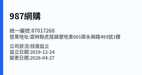 987網購的照片-統編 87017268(雲林縣) 公司登記資料與營業項目詳細圖表