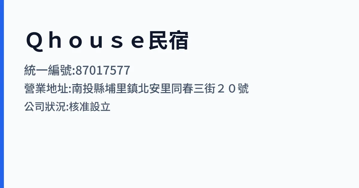 Ｑｈｏｕｓｅ民宿 - 統編 87017577(南投縣) 公司登記資料與營業項目詳細圖表