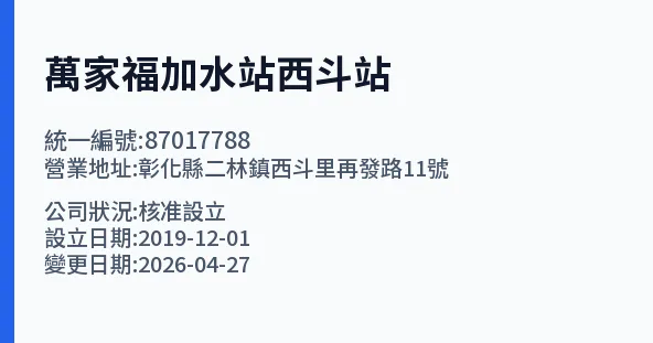 萬家福加水站西斗站的照片-統編 87017788(彰化縣) 公司登記資料與營業項目詳細圖表
