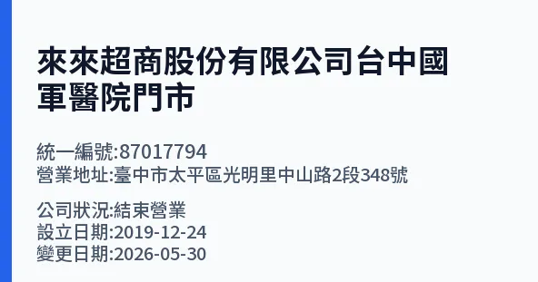 來來超商股份有限公司台中國軍醫院門市的照片-統編 87017794(臺中市) 公司登記資料與營業項目詳細圖表