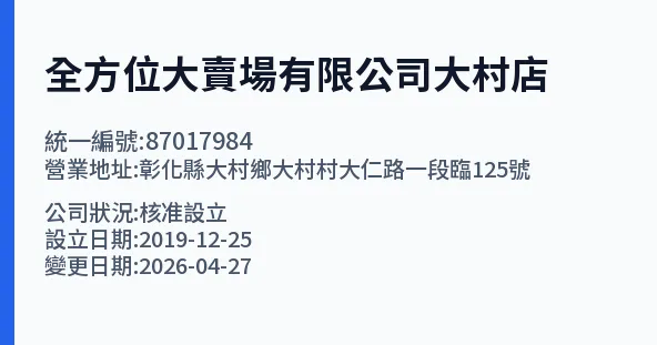 全方位大賣場有限公司大村店的照片-統編 87017984(彰化縣) 公司登記資料與營業項目詳細圖表