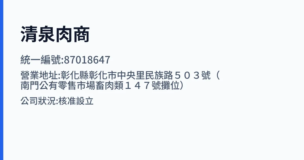 清泉肉商 - 統編 87018647(彰化縣) 公司登記資料與營業項目詳細圖表