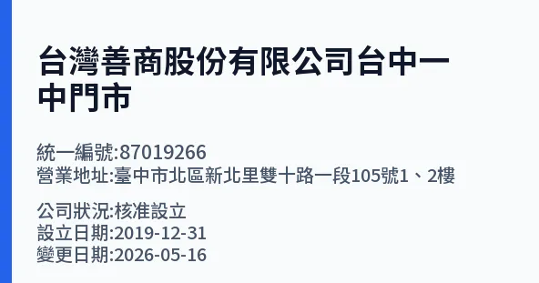台灣善商股份有限公司台中一中門市的照片-統編 87019266(臺中市) 公司登記資料與營業項目詳細圖表