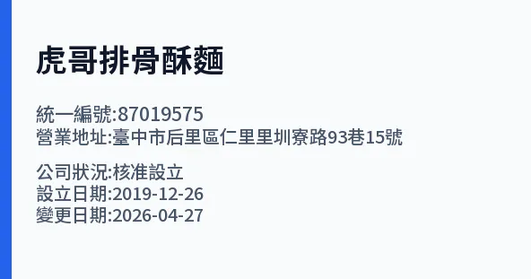 虎哥排骨酥麵的照片-統編 87019575(臺中市) 公司登記資料與營業項目詳細圖表