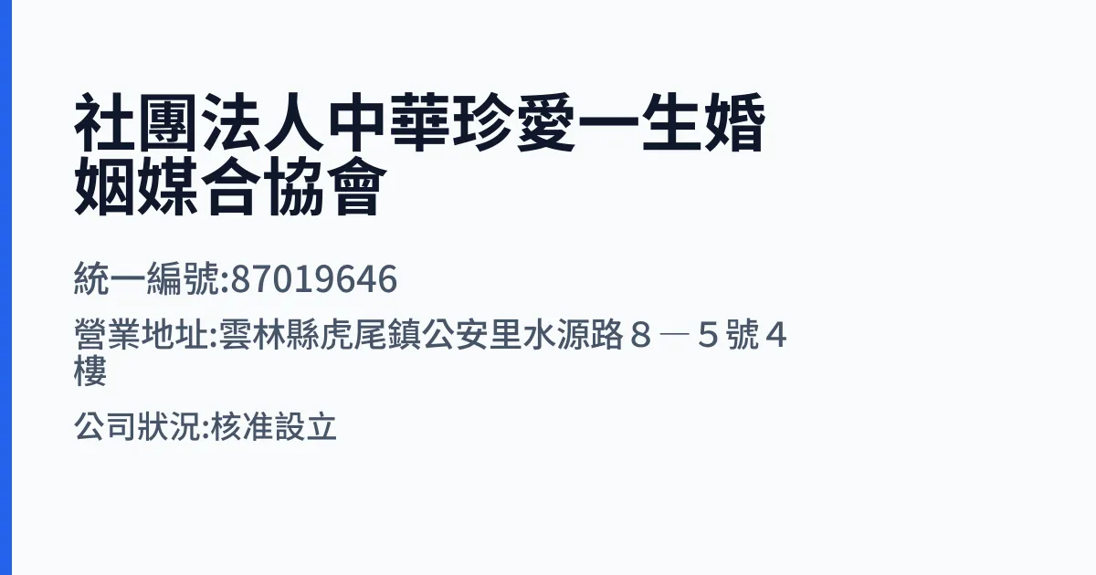 社團法人中華珍愛一生婚姻媒合協會 - 統編 87019646（雲林縣） 公司登記資料與營業項目詳細圖表