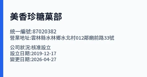 美香珍糖菓部的照片-統編 87020382(雲林縣) 公司登記資料與營業項目詳細圖表