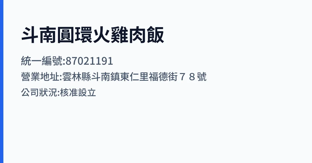 斗南圓環火雞肉飯 - 統編 87021191(雲林縣) 公司登記資料與營業項目詳細圖表