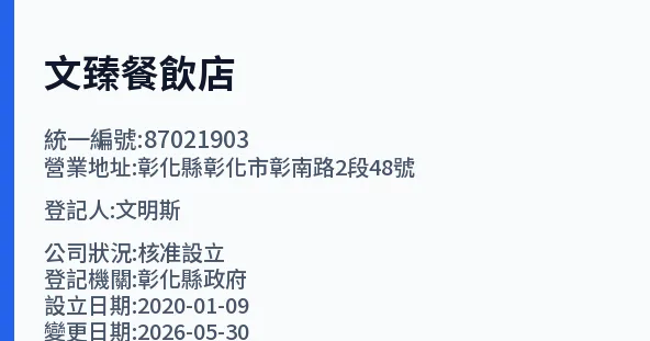 文臻餐飲店的照片-統編 87021903(彰化縣) 公司登記資料與營業項目詳細圖表