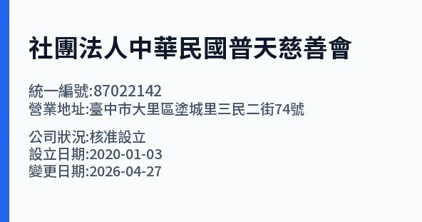 社團法人中華民國普天慈善會的照片-統編 87022142(臺中市) 公司登記資料與營業項目詳細圖表